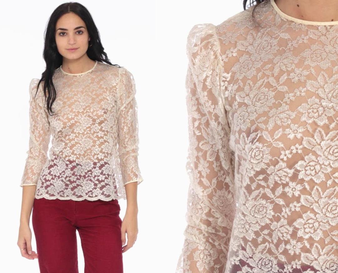 Sheer Lace Blouse -- PUFF SLEEVE Floral Ivory Lace Shirt | Shop Exile ...