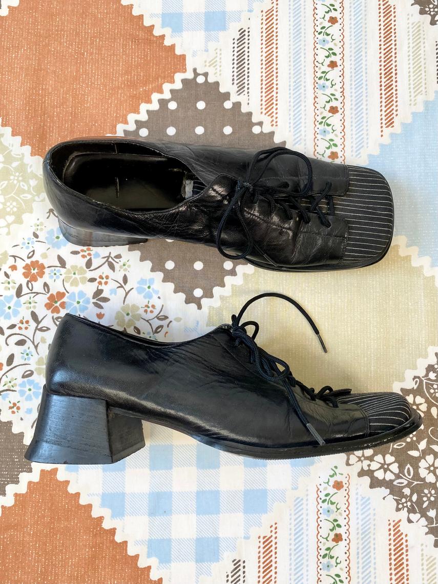 Pinstriped Square Toe Black Leather Oxfords | Prototype Vintage ...