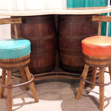 Whiskey Barrel Bar, Rustic Western Swivel Bar Stools, | A GoGo Vintage ...