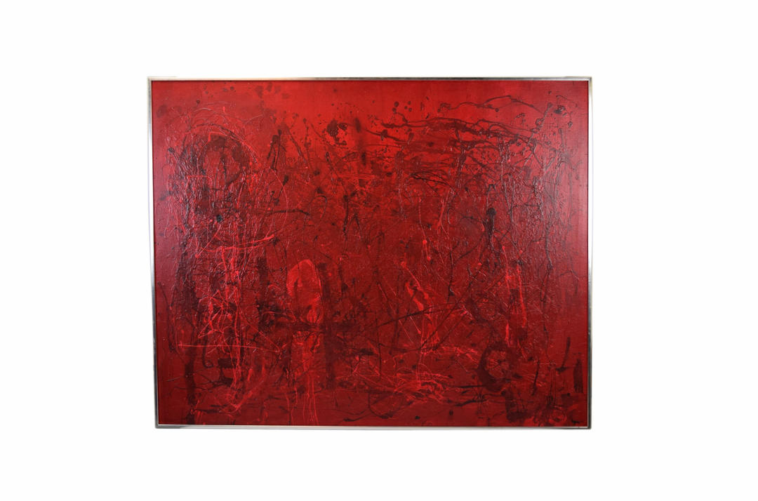 Large Vintage Red Crimson Drip Splatter Oil Painting Signed ...
