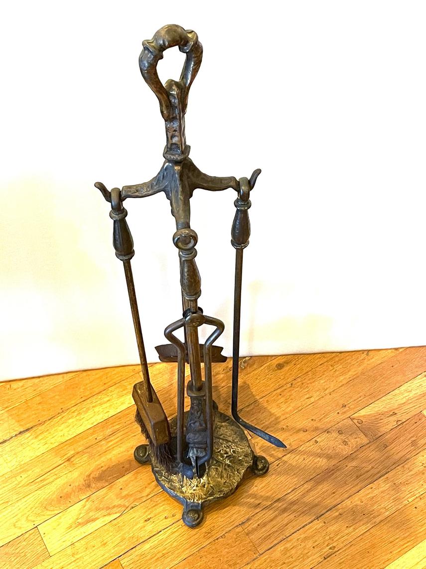 Antique Brutalist Style Fireplace Tools Set in Bronze Patinated Finish ...