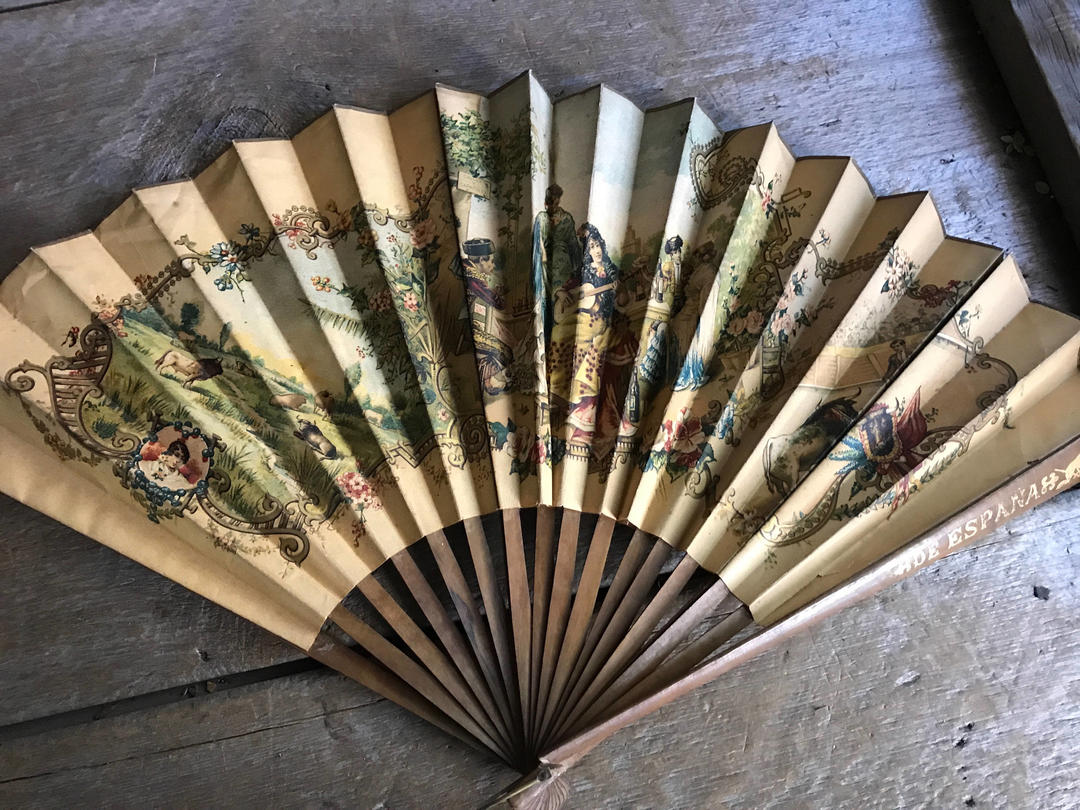 Antique Spanish Paper Fan, Gilded, Memories of Spain Souvenir Fan ...