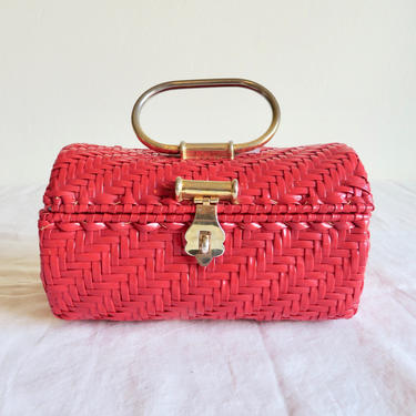 Vintage 1960's Red Woven Wicker Basket Purse Box Barrel Shape | Seek ...