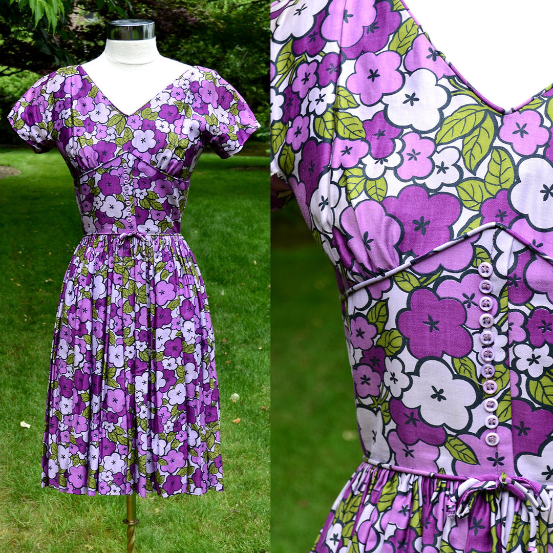 1960's Purple Floral Cotton Dress / Jonathan Logan Vintage Day Dress ...