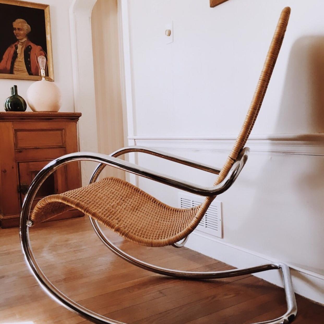 Italian Woven Rattan and Chrome Rocker, chrome rocking | Vintage ...