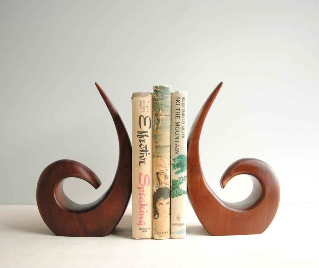 Vintage Pair of Curved Wood Modern Bookends, Wooden Mid Century ...