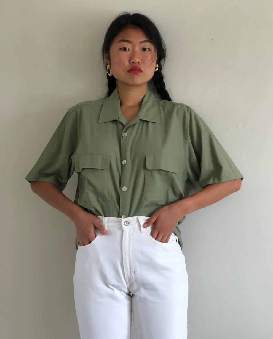 90s raw silk blouse / vintage sage green raw slub silk | ReCAP Vintage ...