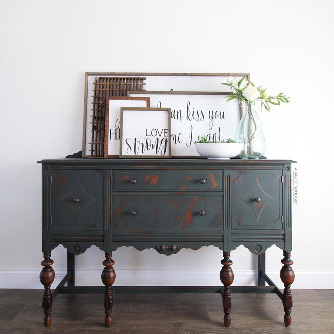 Deep Green Buffet - Chippy Painted Buffet - Antique Buffet - Dark Green ...