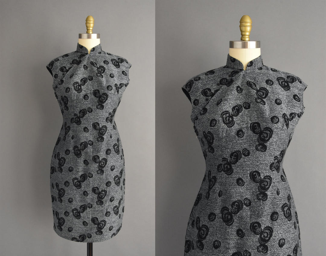 vintage dress 50s | Gray swirl print cheongsam cocktail dress | Medium ...