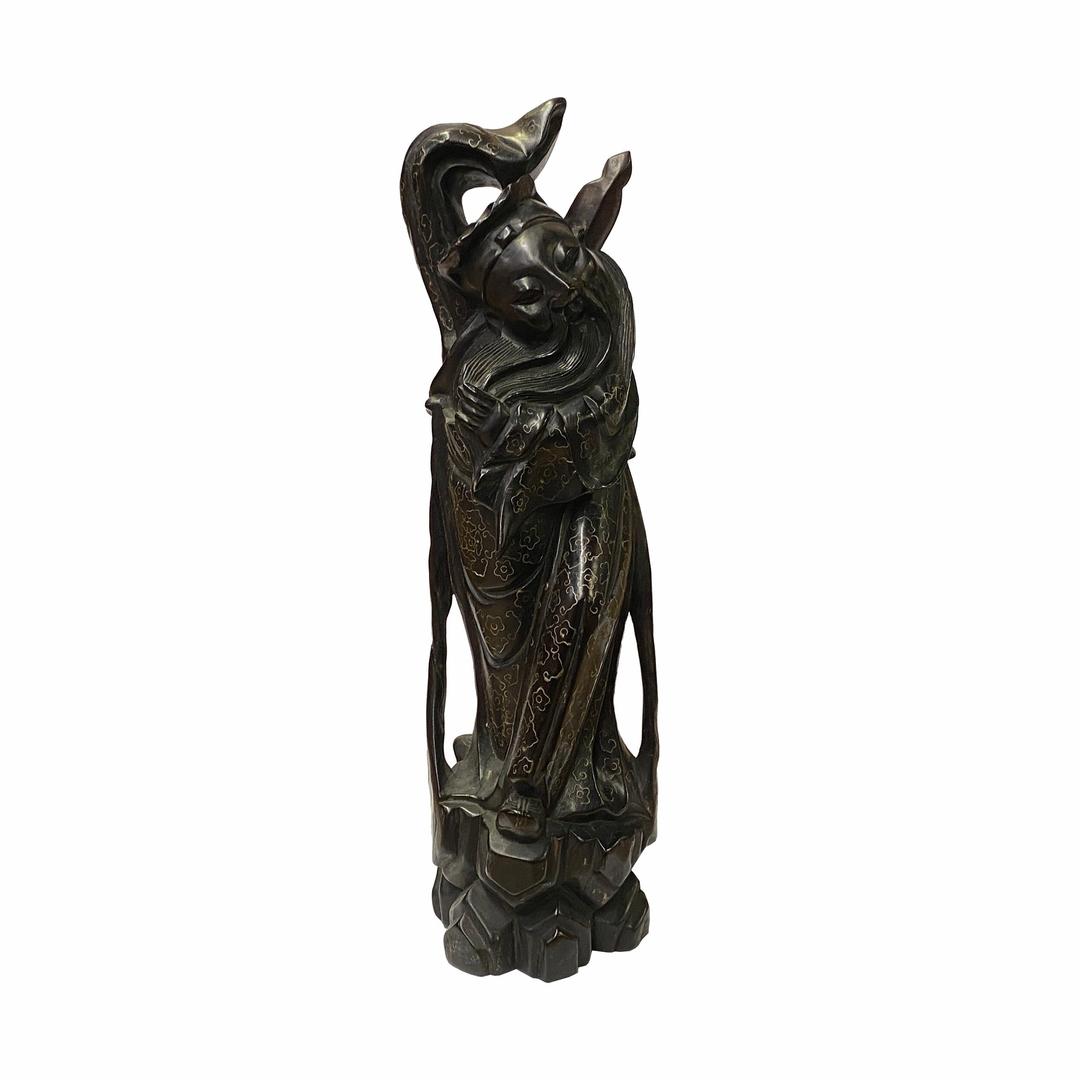 Chinese Wood Carved Wire Inlay Accent Lu Dongbin 8 Immortals Statue ...