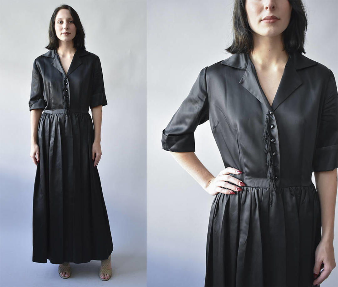 Vintage 1940s Black Gown / Heavy Silk Dress / Vintage Witch Dress ...
