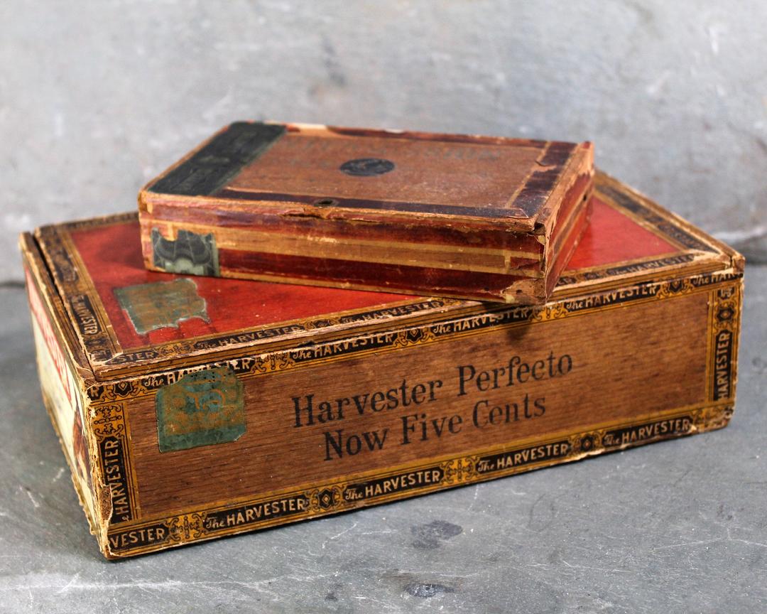 Set of 2 Antique Wooden Cigar Boxes - Harvester Cigars and | Bixley ...