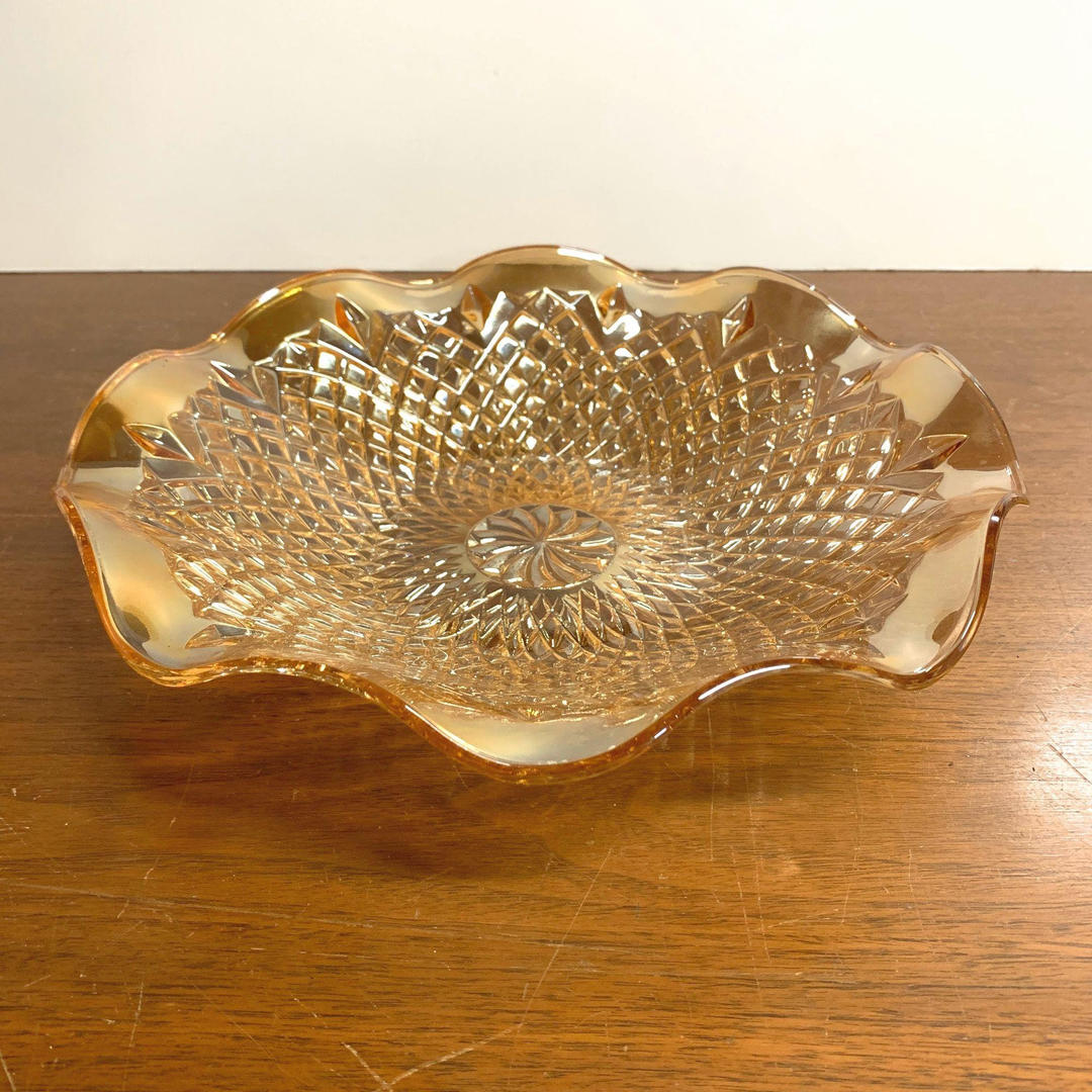 Vintage Marigold Carnival Glass Diamond Pinwheel Ruffled Bowl 11 ...