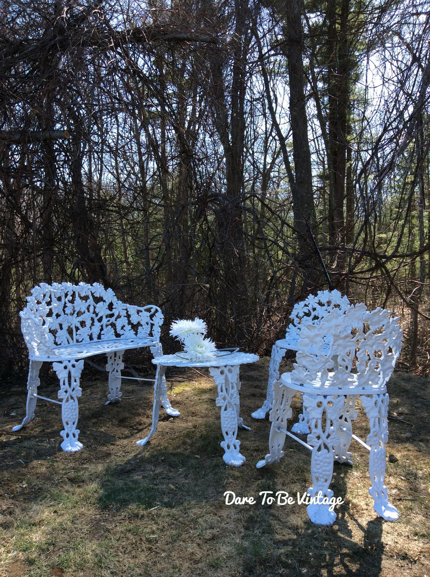 Vintage Cast Iron Garden Bench Chairs Table Grape Leaf Design Dare To Be Vintage Lynnfiled MA