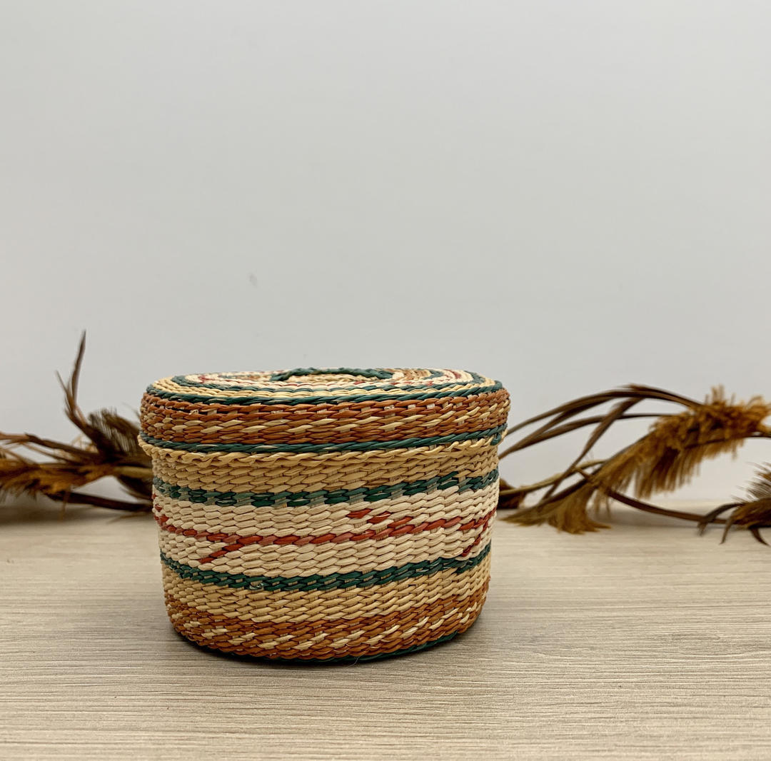 Vintage Sweetgrass Basket | Small Multi-colored Woven Basket with Lid ...