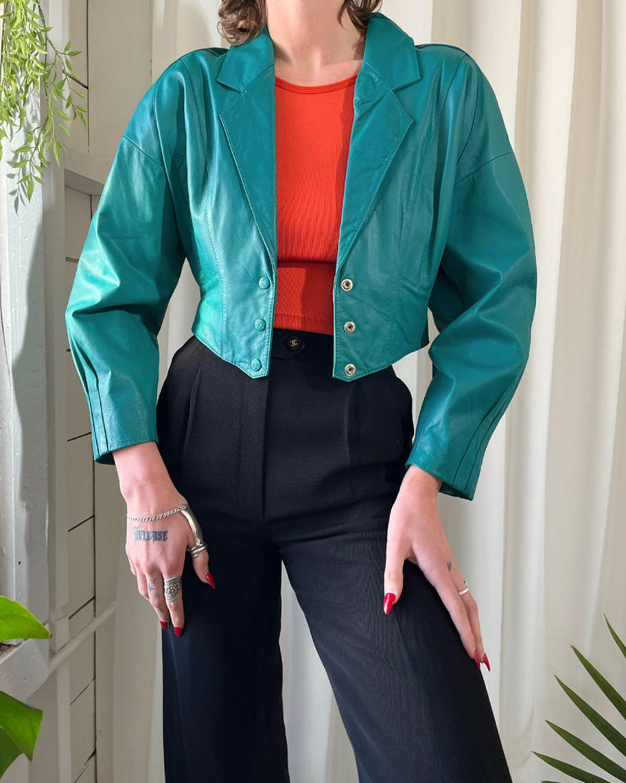 80s Teal Leather Jacket | Lucky Vintage | University District - Seattle, WA