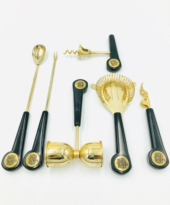 Mid Century Gold Brass Black Bakelite Bar Tool Set, 6 piece, | Tripod ...