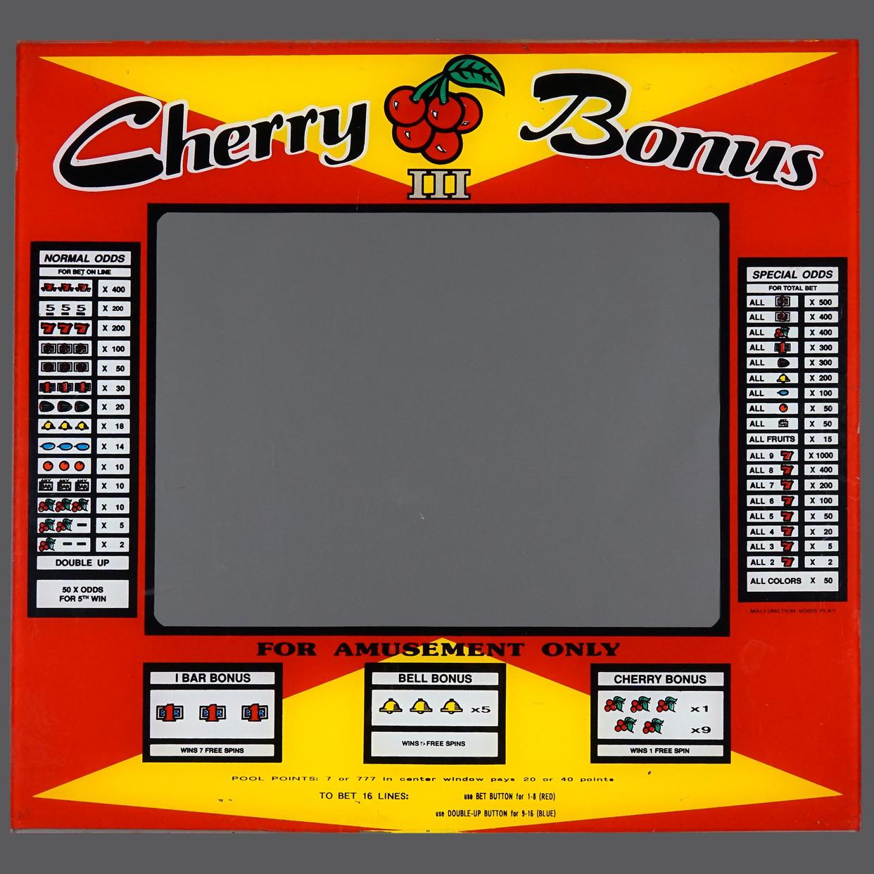 Cherry Bonus III Slot Machine Bezel Game Plexiglas | Vintage Inquisitor ...