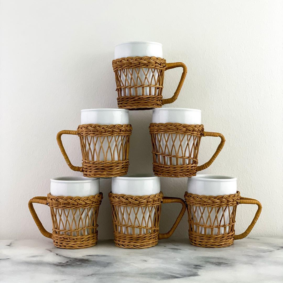 Wicker Cup Holders with Cups, Set of Six White Ceramic | Pebble Creek ...