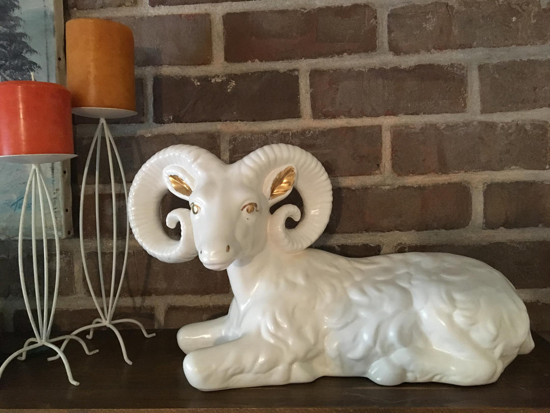 Vintage White Ram, Ceramic Ram With Gold Embellishments, Mid Century ...