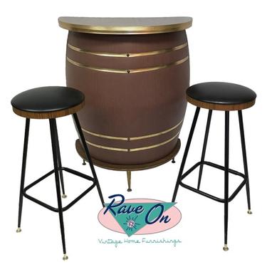 Barrel Shaped Mini Bar + Stools | Rave On Vintage - Austin, TX | ATTIC