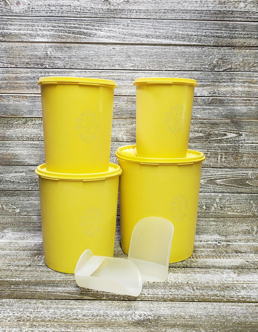 4 Vintage Tupperware Canisters + 2 SCOOPS, 1970s Yellow Gold Servalier ...