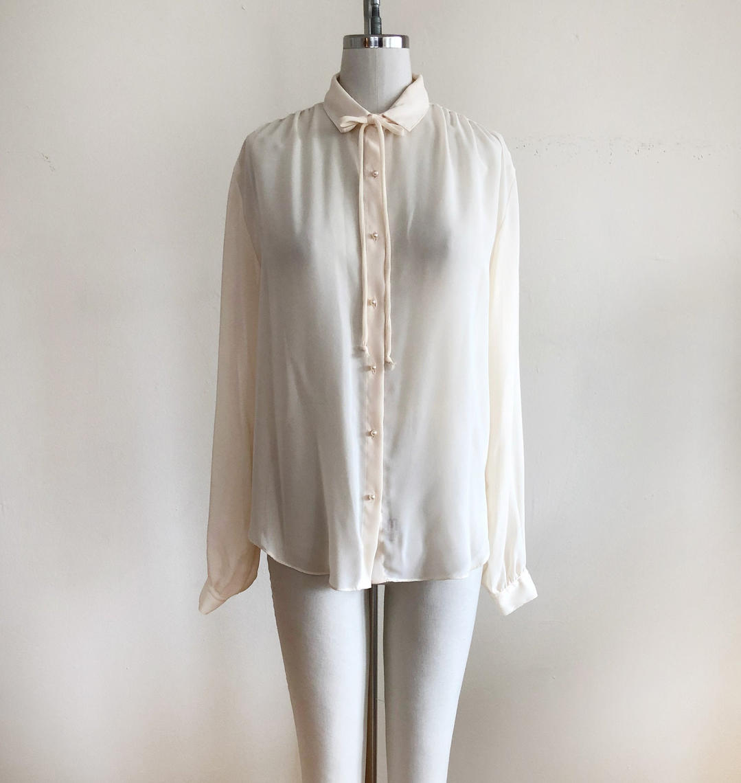 Sheer, Cream-Colored Blouse with Narrow Neck-Tie and Pearl Buttons ...