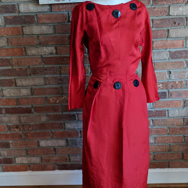 1950's Vintage Ruby Red Dress with Black Button Details | B's Knees ...