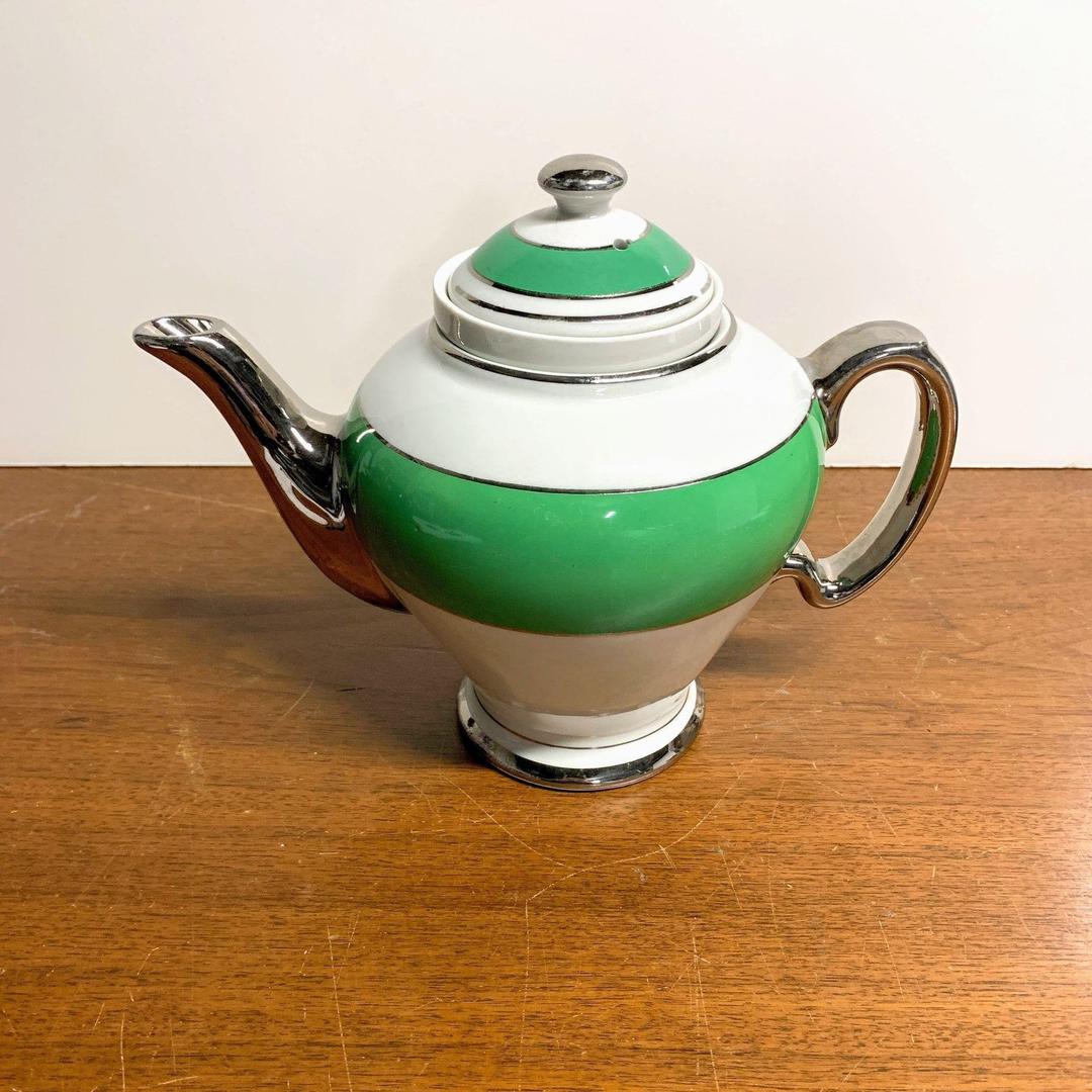 Vintage Hall China McCormick Banquet Teapot Platinum and Green | Over ...