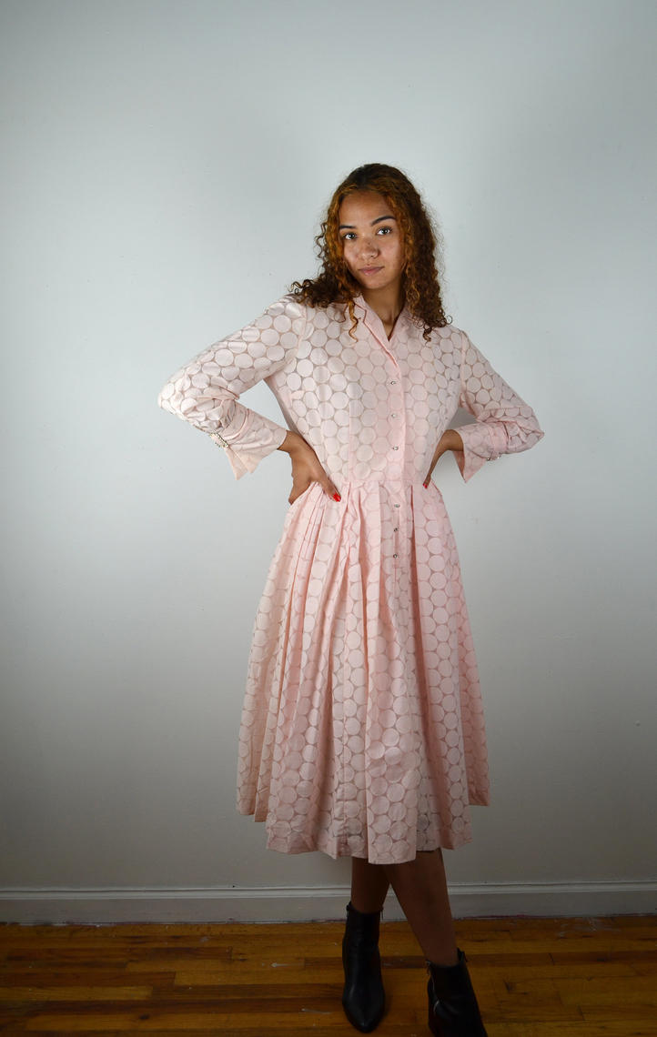 Vintage 50s Dress / Pink Polka Dot Sheer Dress/ 1950s New | Erratic Static Vintage | New York, NY
