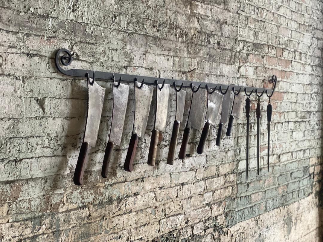 Antique Butchers Forged Rack with Cleavers and Honing Steels | North ...
