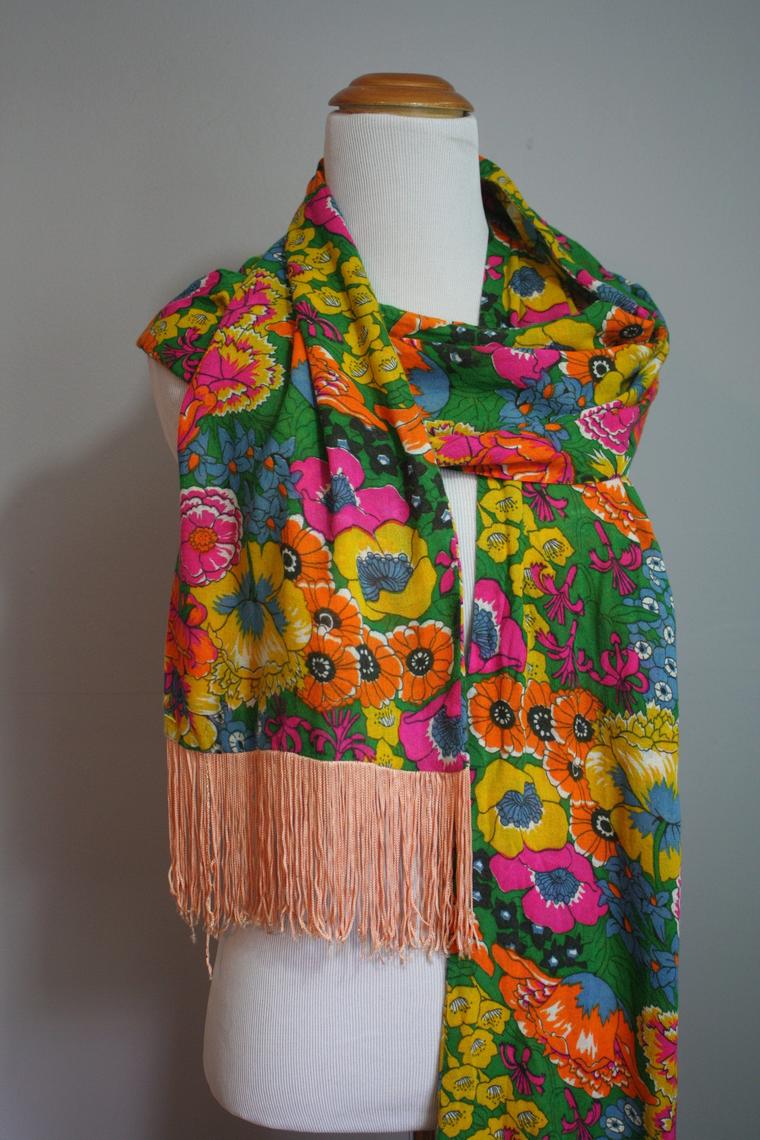 1970's Scarf // Neon Floral Print with Fringe // | Lawrence of ...