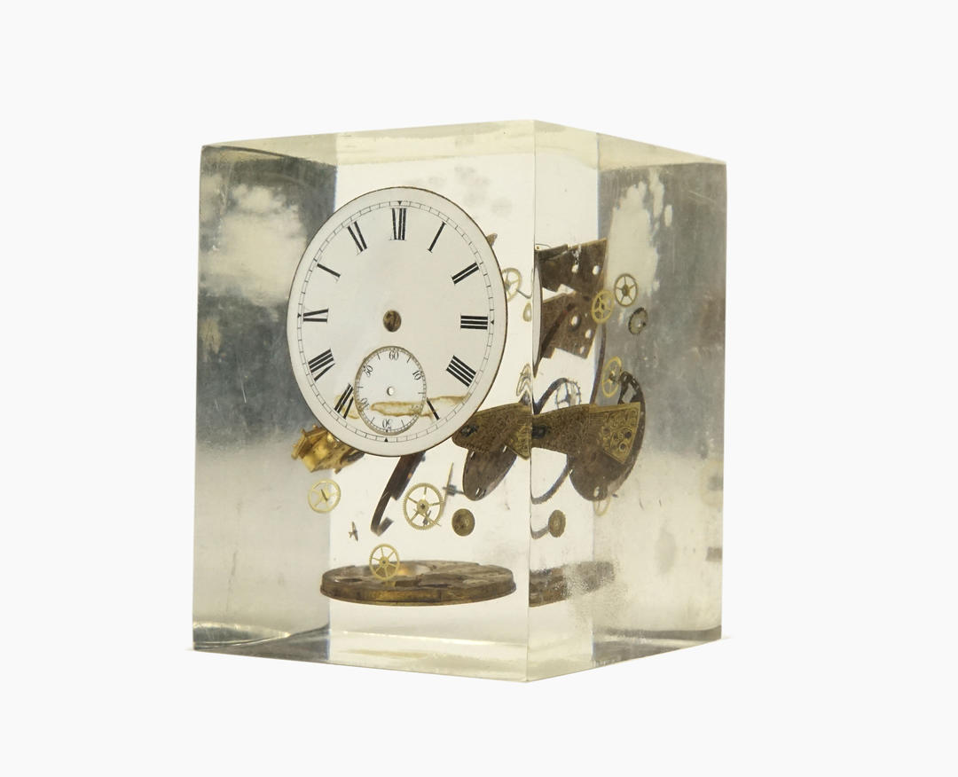 Pierre Giraudon Clock Parts Sculpture Acrylic Cube Paperweight Lucite ...