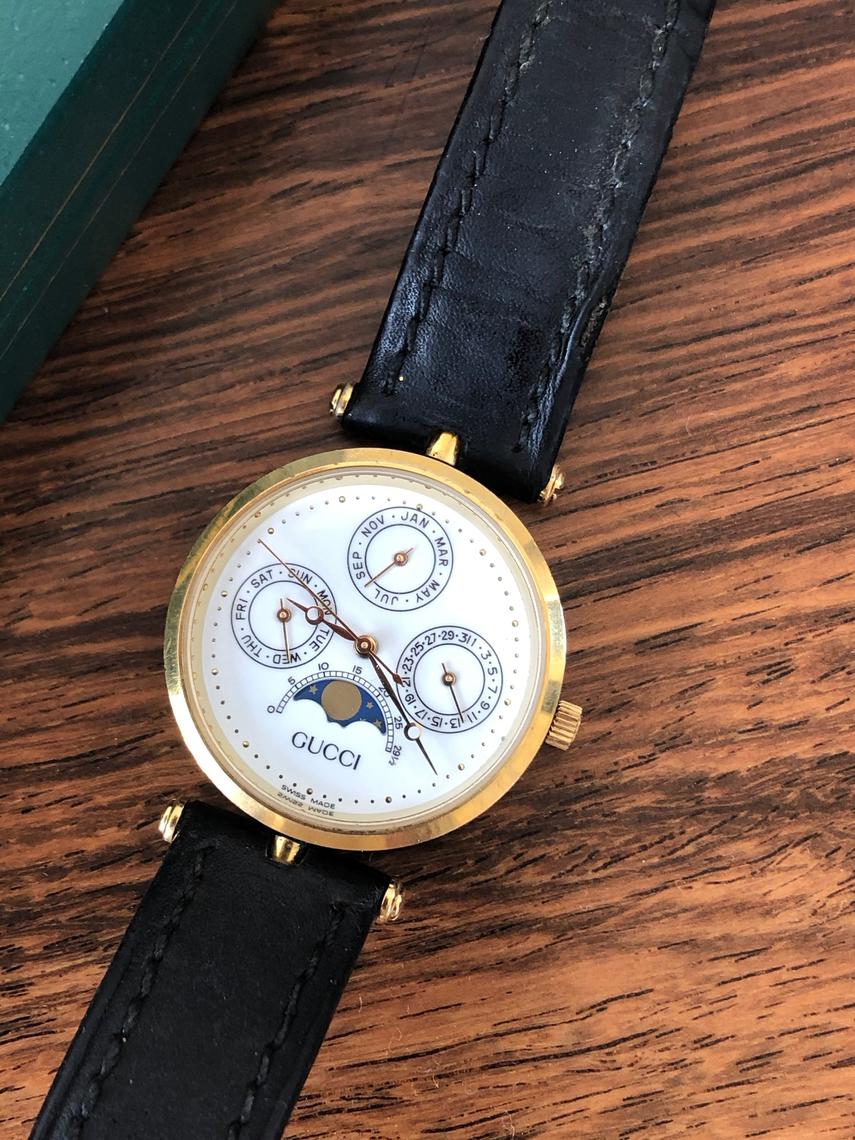 Vintage GUCCI GG Monogram 3 Face Moon Phase World Clock Time ...
