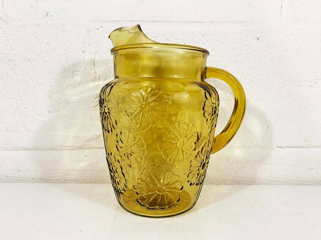 Vintage Flower Power Yellow Glass Pitcher Sunshine 1970s 70s Iced ...