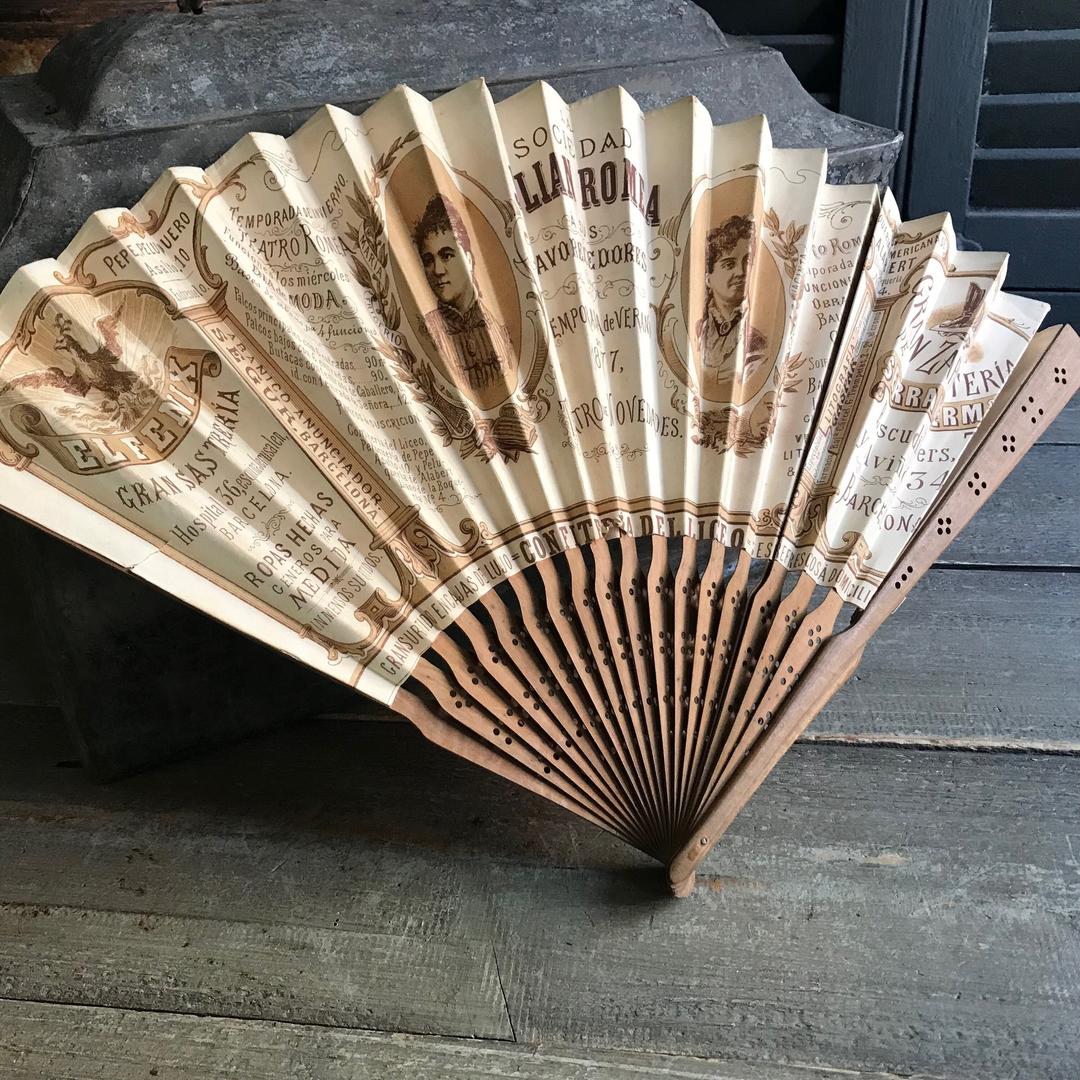 Antique Spanish Paper Fan, Barcelona Souvenir Fan, Wood, Printed Paper ...