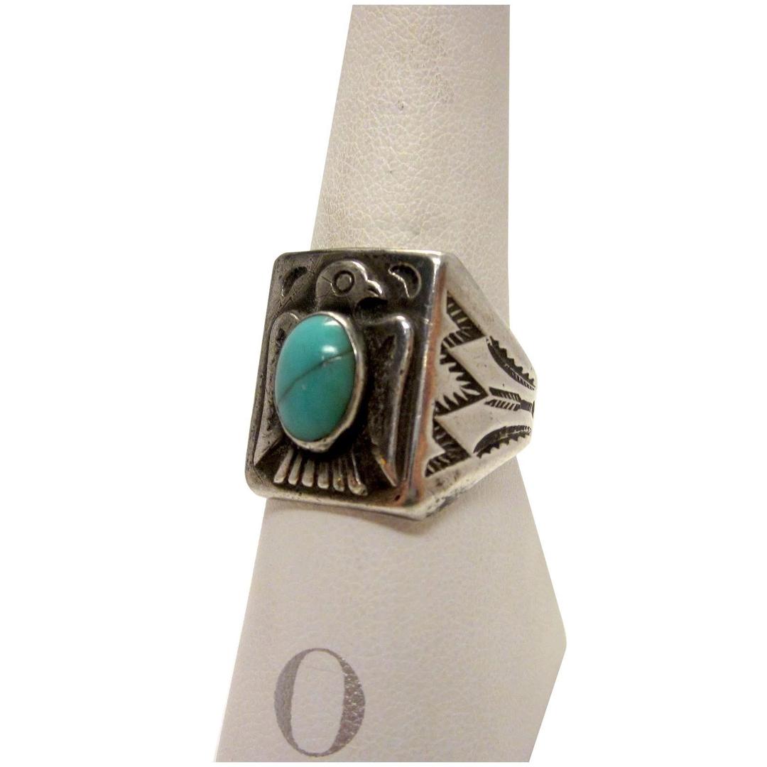 Vintage Bell Trading Post Sterling Thunderbird Eagle and Turquoise Ring Lazy Dog Antiques Chicago IL