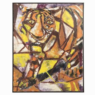 Cubist Tiger Oil Painting on Canvas Mid Century | Vintage Inquisitor ...
