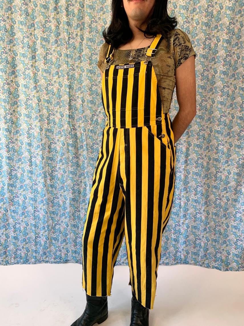 Thrashed Black + Yellow Striped Overalls | Prototype Vintage | Austin, TX