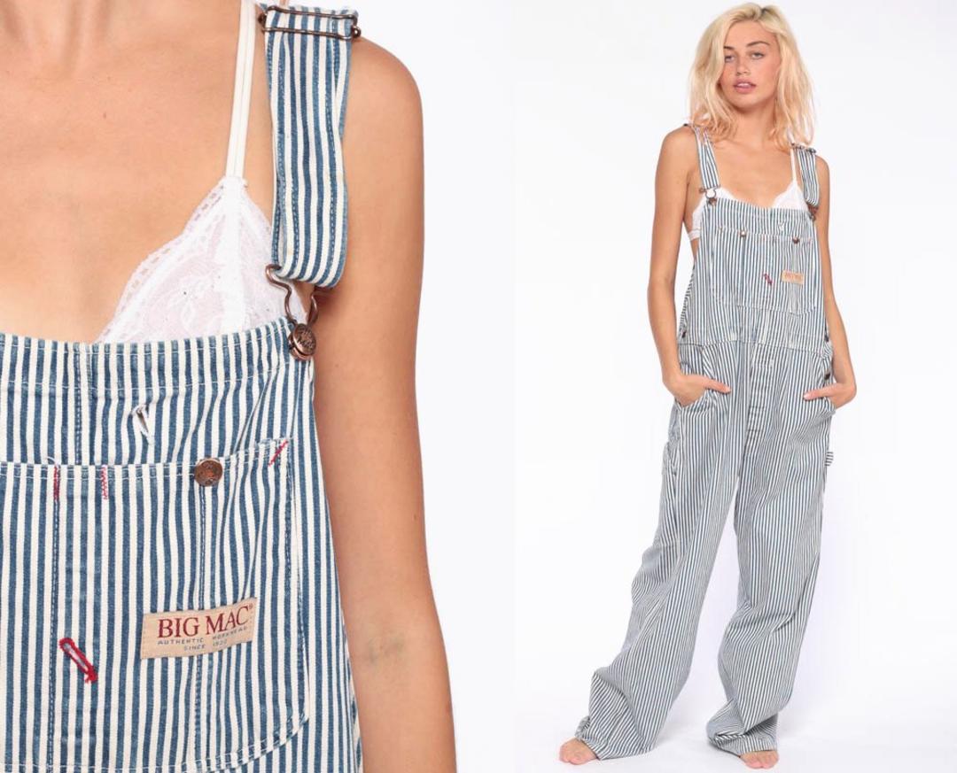 Striped Denim Overalls 38 x 32 -- Grunge 90s Bib Overalls Jean | Shop ...
