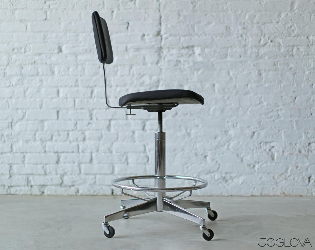 mid-century modern deep blue and chrome rolling drafting stool by ...