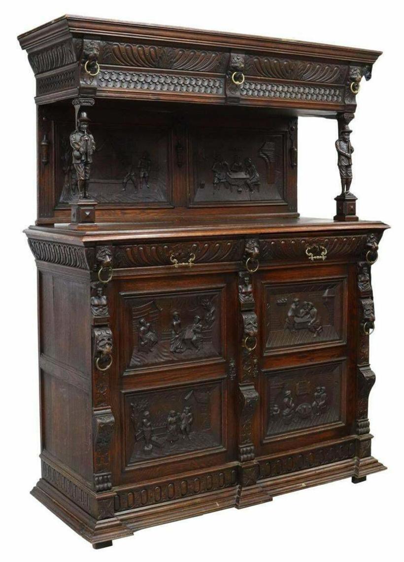 Antique Cupboard, Cabinet, Sideboard Flemish Carved Oak Tavern Scenes ...