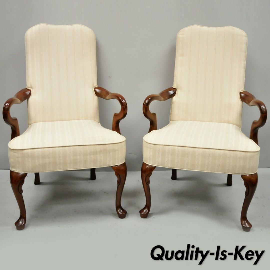 2 Vintage Queen Anne Gooseneck Cherry Wood Office Lounge Arm Chairs ...