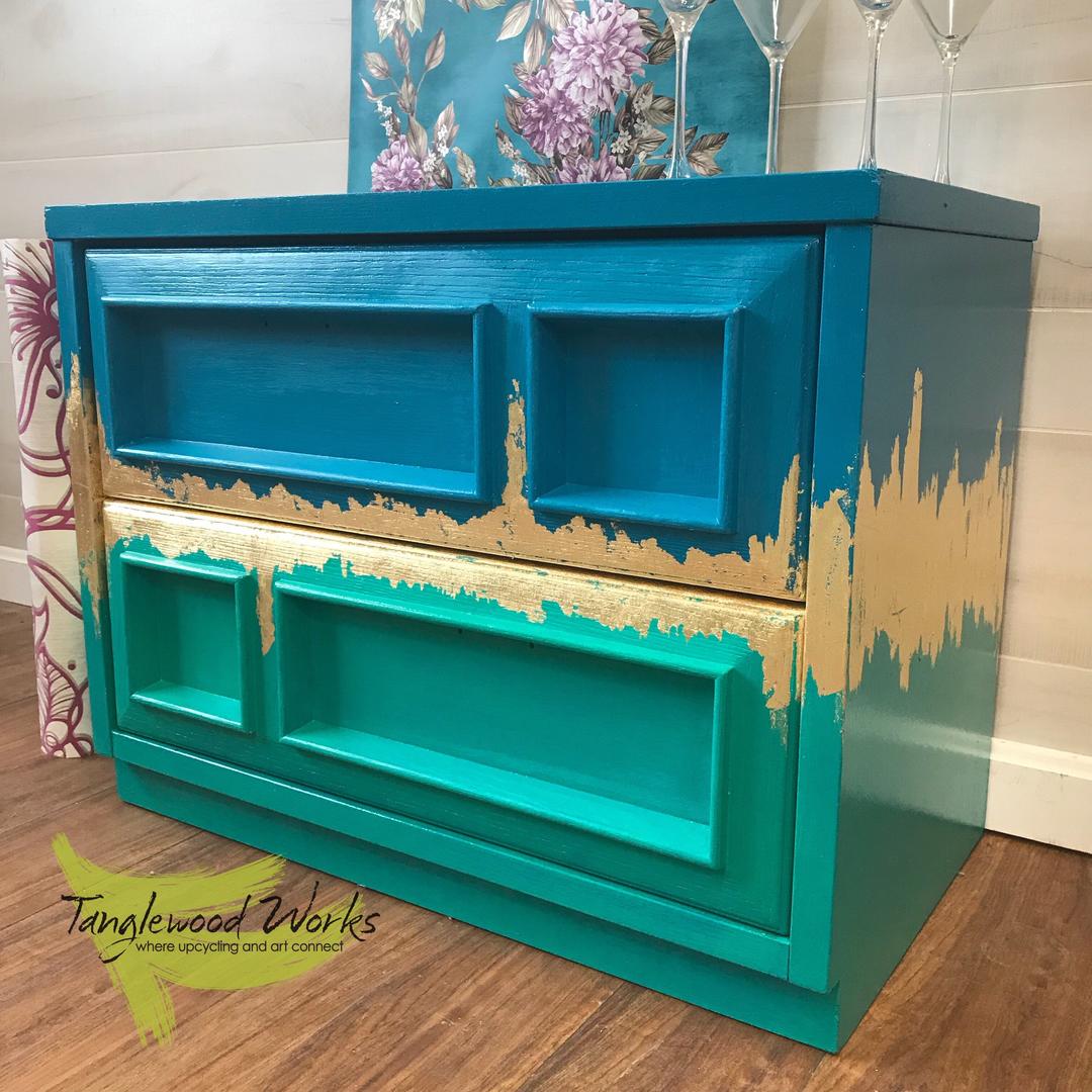 Gold Leaf, Turquoise and Sea Green Painted MCM Side Table | Tanglewood ...