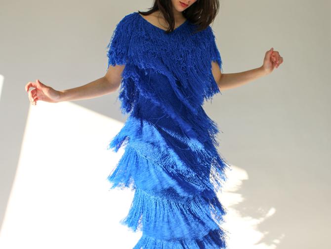 Vintage 80s French Rags Cobalt Blue Fringe Tiered Dress | Made | The ...