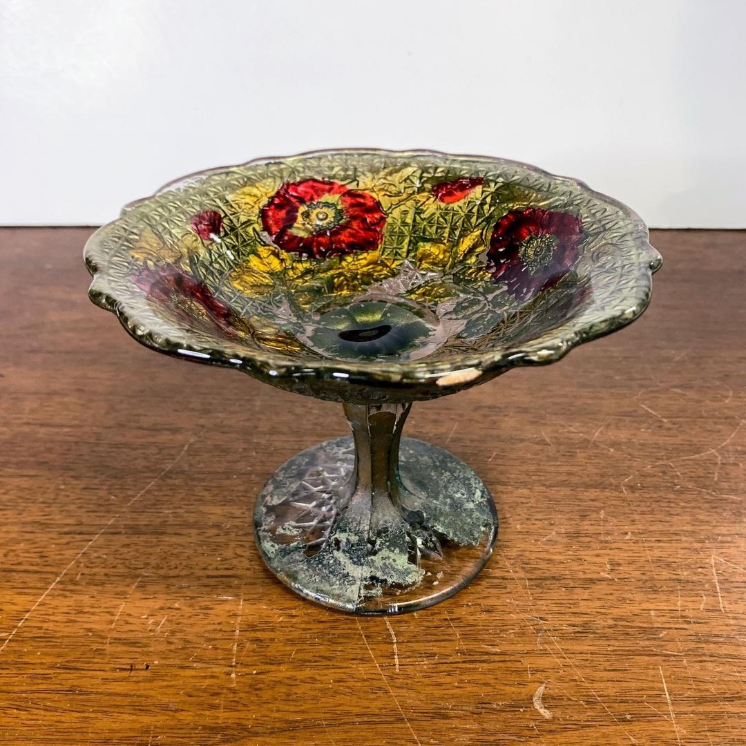 Vintage Goofus Glass Compote Gold Red Flowers Silver Green | Over the ...