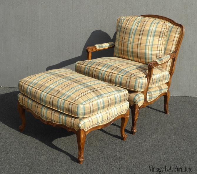 Vintage Ethan Allen Style Gold Plaid Chair Ottoman Down Feather Vintage LA Furniture Santa Ana CA