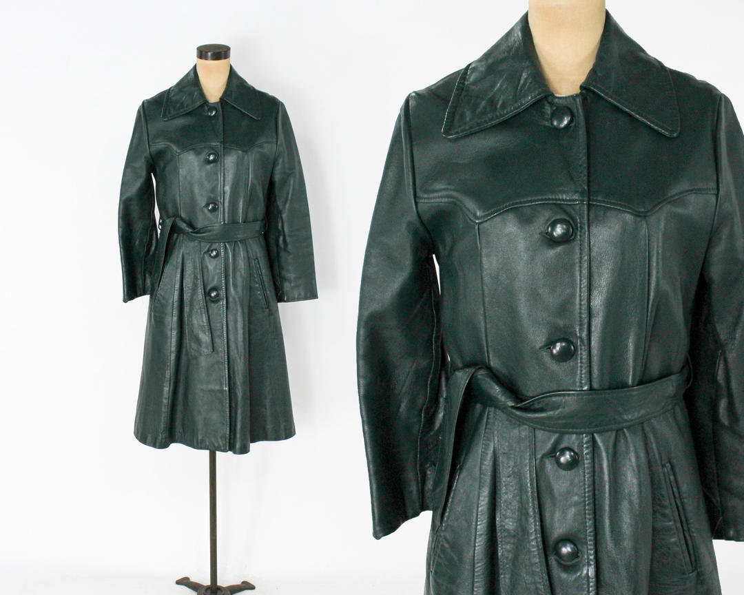 1970s Green Leather Trench Coat | 70s Dark Green Leather Trench ...