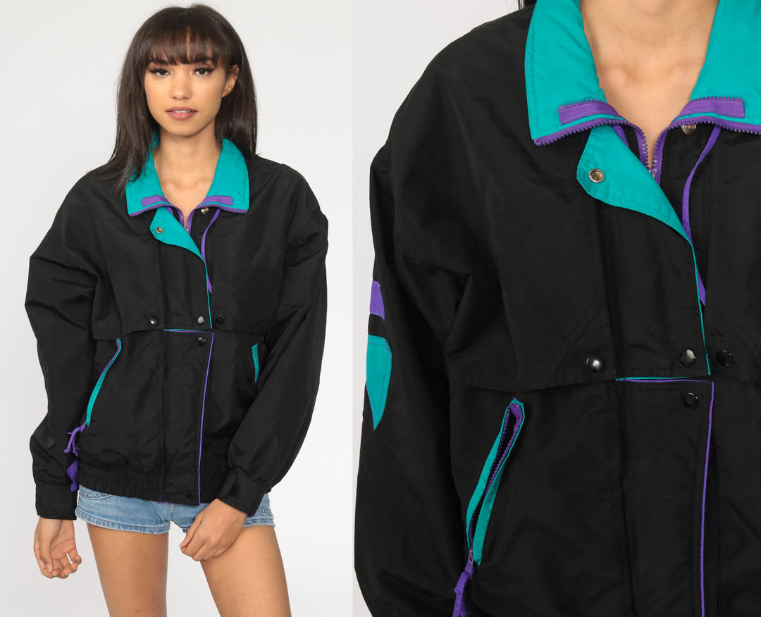 90s Windbreaker Jacket Black Neon Windbreaker Vintage 1990s Nylon ...