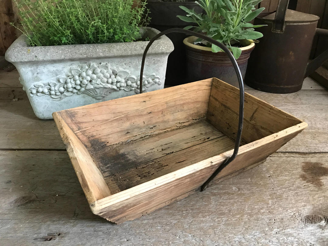 French Rustic Wood Trug, Berry Picking Basket, Iron Handle, Garden ...